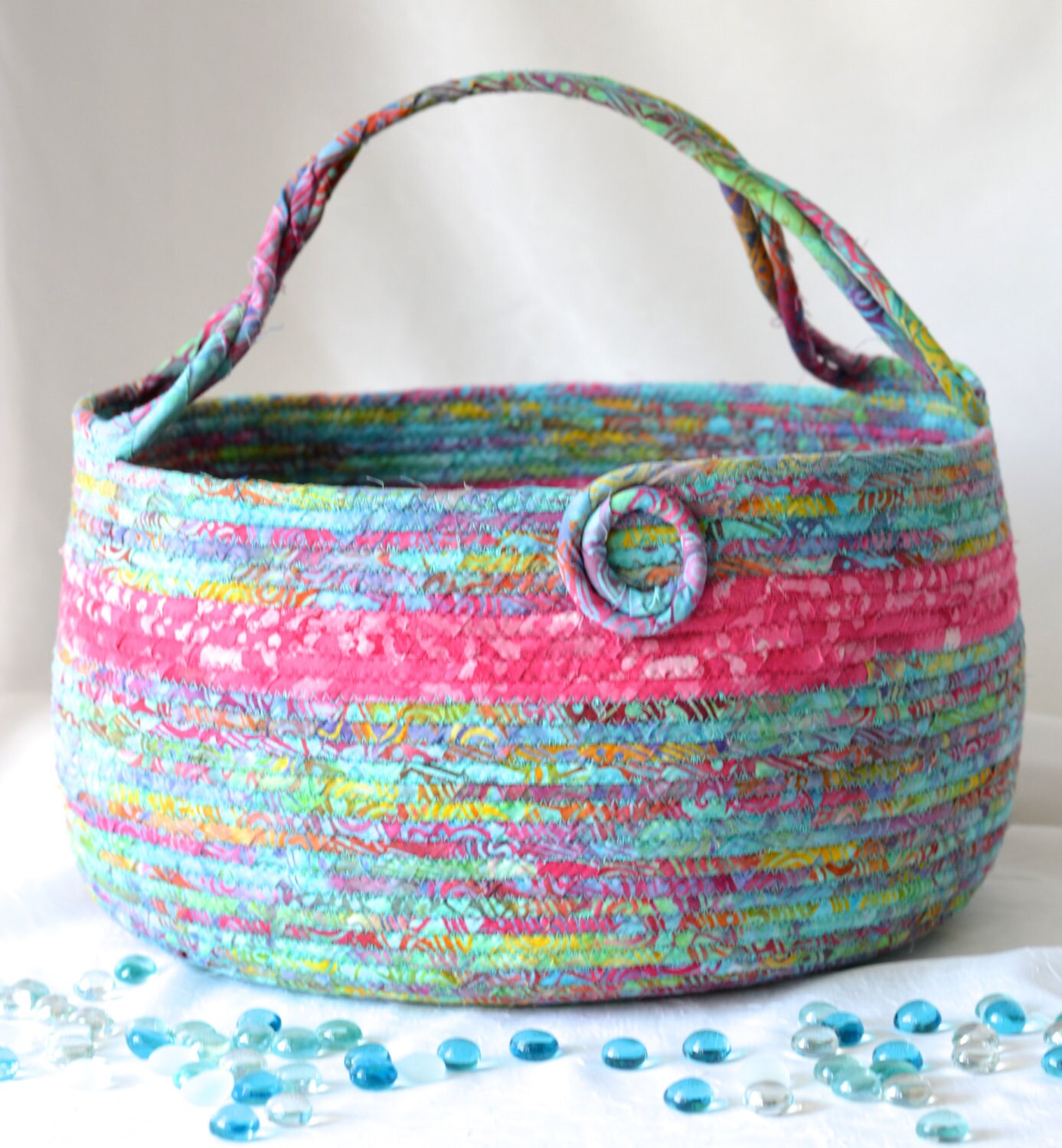 Knitting Basket, Handmade Batik Fiber Basket, Ocean Mist Batik Tote ...