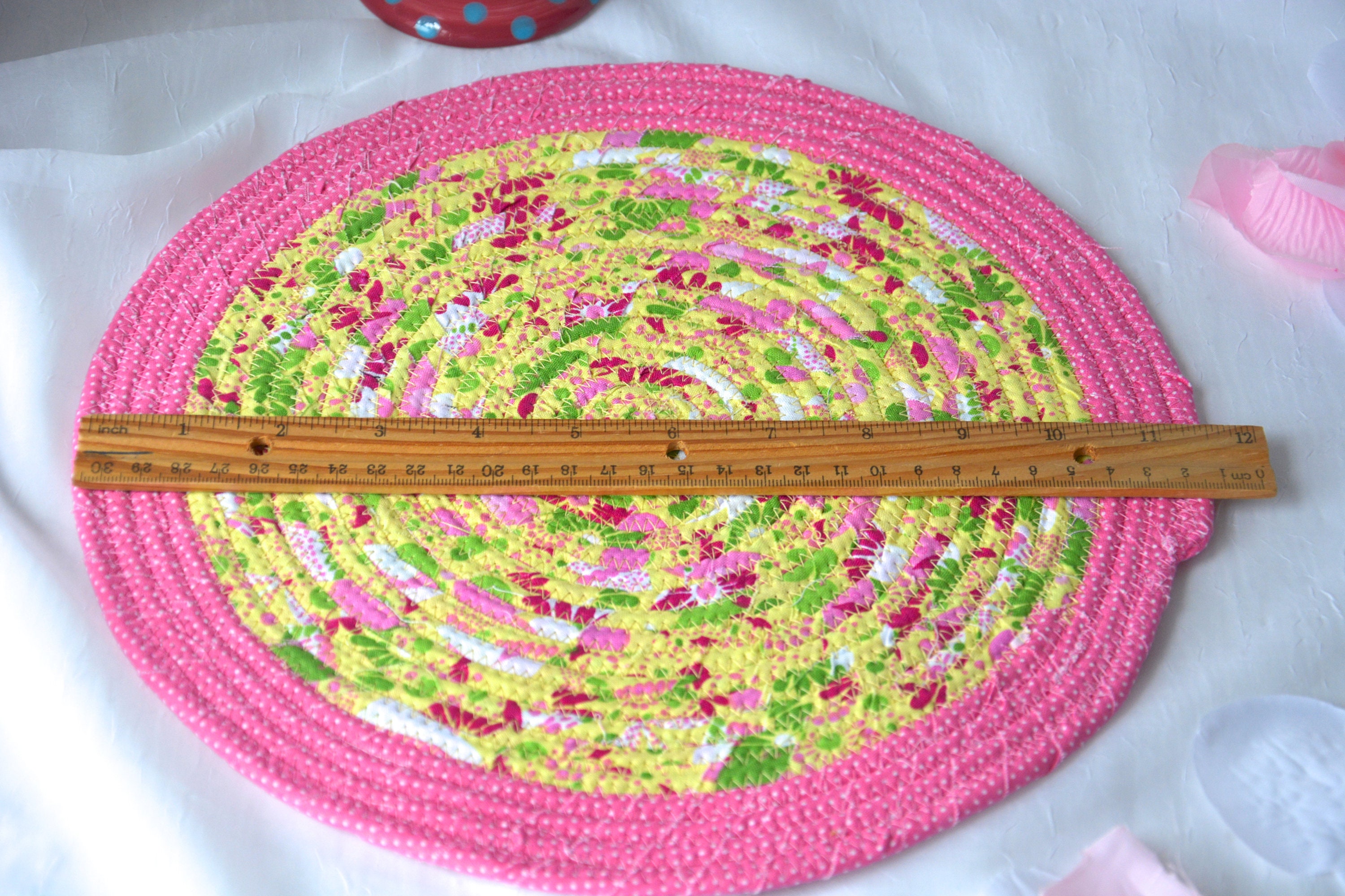 Spring Place Mat, 11 Handmade Coiled Hot Pad, Lovely Pink Table Mat ...