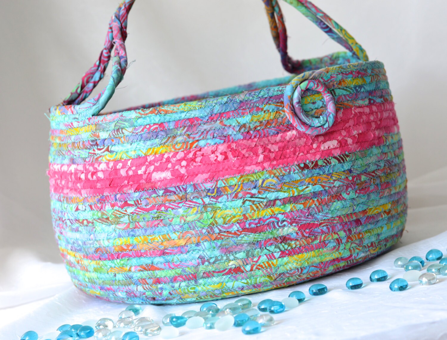 Knitting Basket, Handmade Batik Fiber Basket, Ocean Mist Batik Tote ...