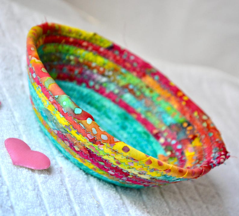 Handmade Aqua Batik Fabric Bowl: Decorative Candy Dish, Blue and Pink ...