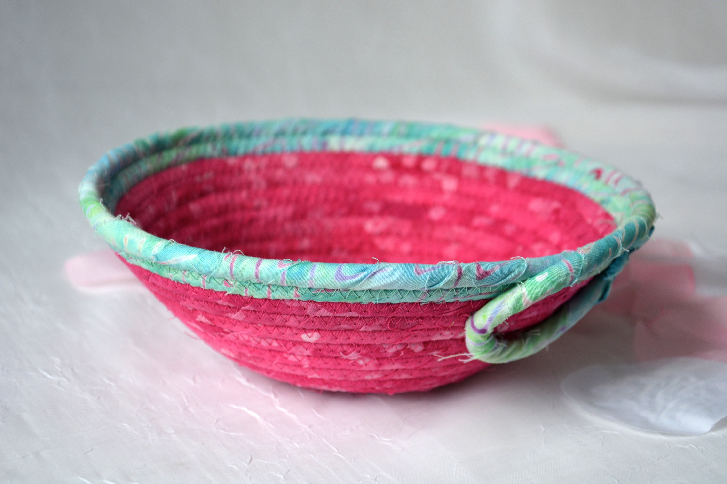 Pink Aqua Bowl, Handmade Batik Fabric Basket, Decorative Coiled Basket ...