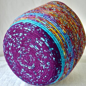 Batik Fabric Basket, Purple Textile Art Decor, Handmade Coiled Rope ...