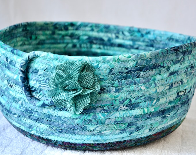 Turquoise Batik Fabric Basket, Handmade Quilted Bowl, Beautiful Textile ...