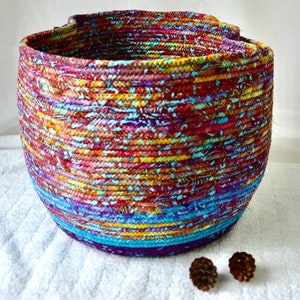 Batik Fabric Basket, Purple Textile Art Decor, Handmade Coiled Rope ...