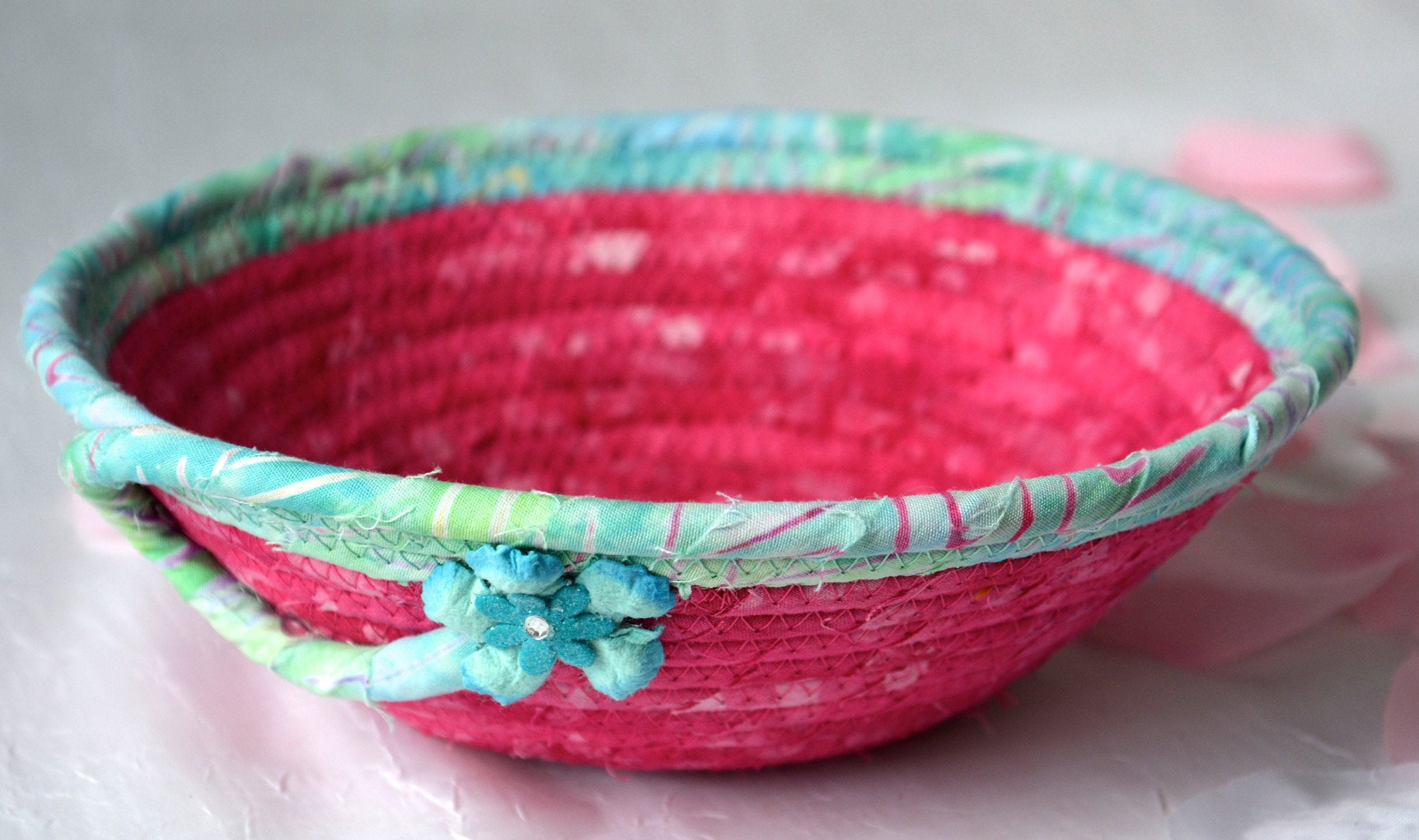 Pink Aqua Bowl, Handmade Batik Fabric Basket, Decorative Coiled Basket ...