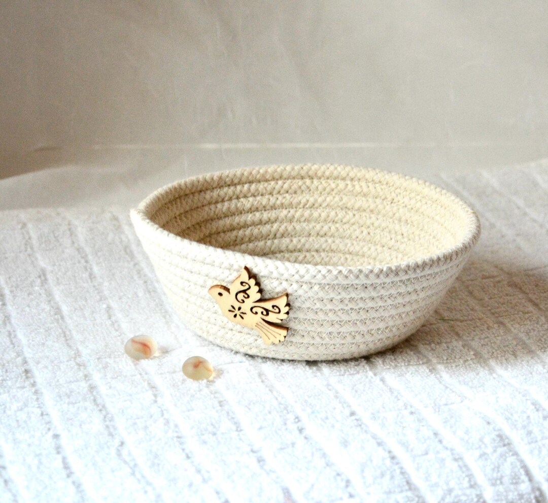 Handmade Coiled Rope Bowl, Love Dove Accent, Neutral Home Decor ...