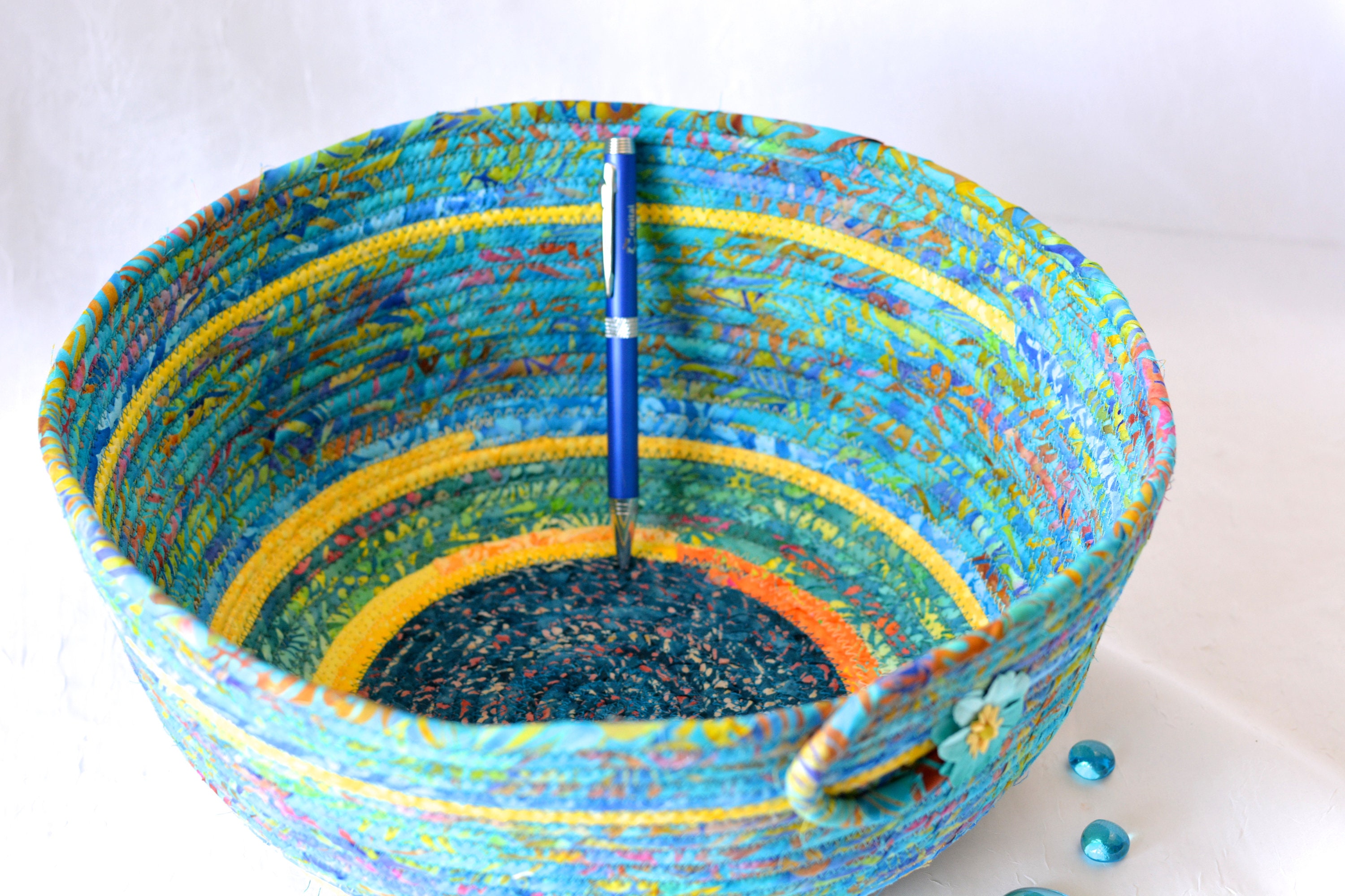 Tropical Batik Basket, Handmade Coiled Basket, Caribbean Fruit Bowl ...