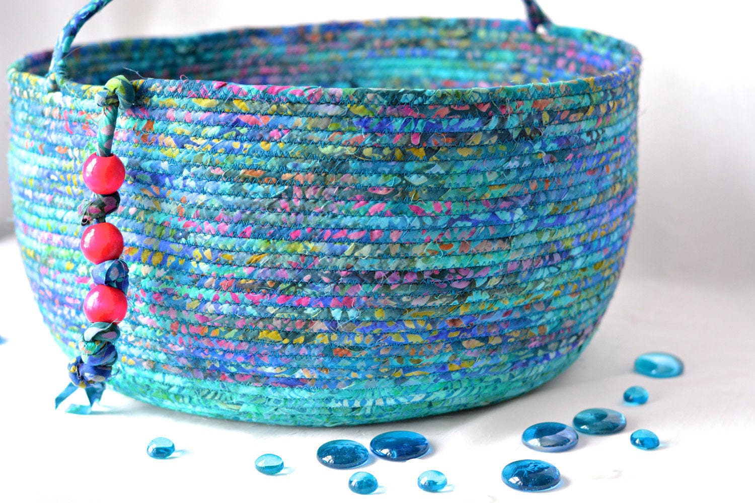 Unique Fabric Art Vessel, Turquoise Storage Container, Handmade Handled ...