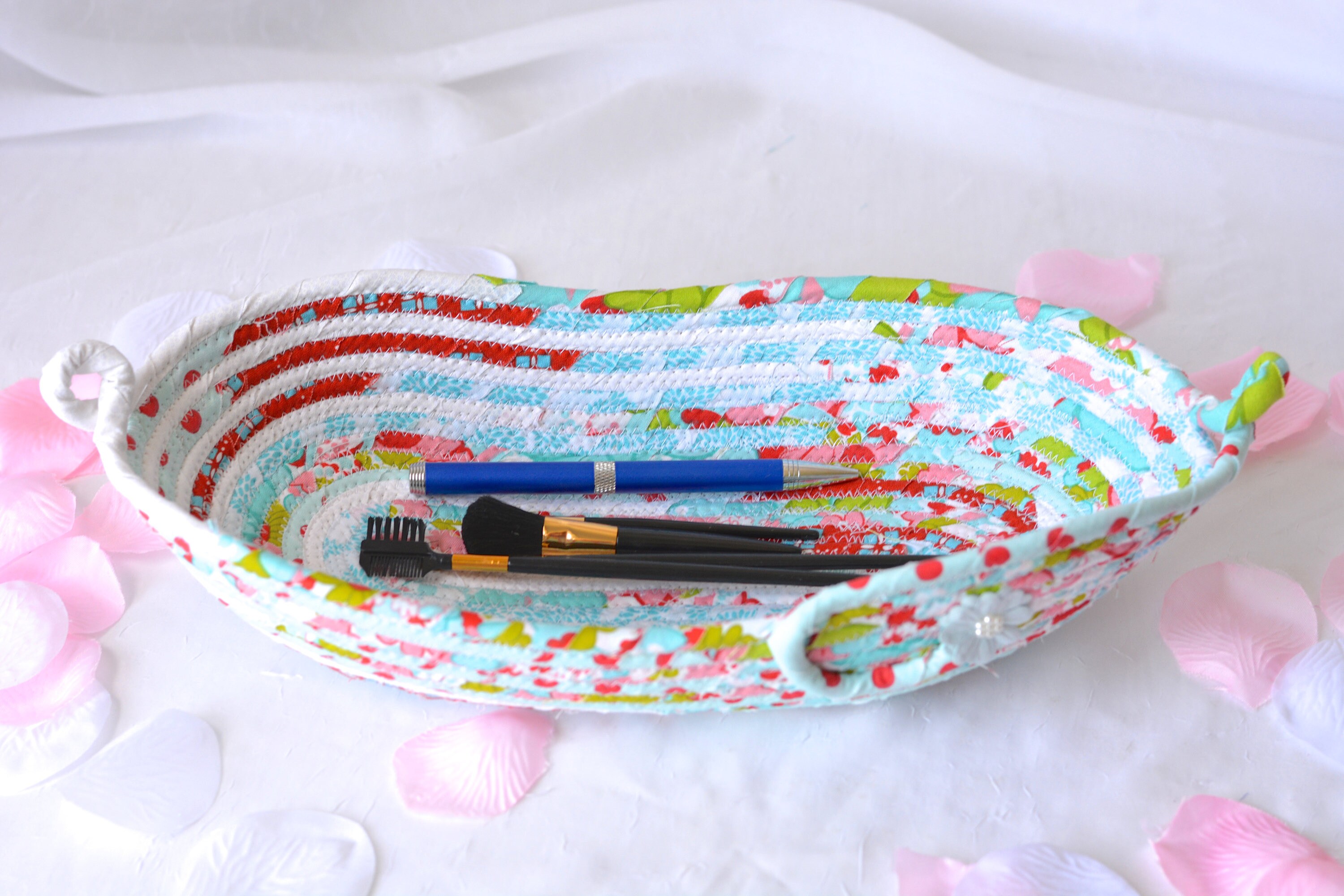 Aqua Gift Basket, Handmade Fabric Basket, Modern Red and Aqua Gift ...
