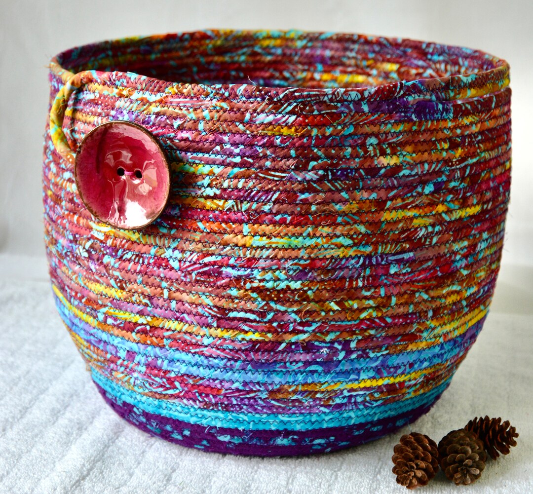 Batik Fabric Basket, Purple Textile Art Decor, Handmade Coiled Rope ...