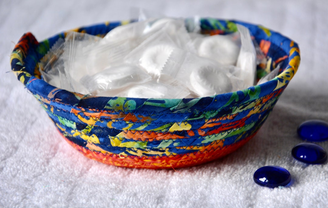 Blue Batik Basket, Handmade Key Bowl, Small Candy Dish, Quilted Cotton ...