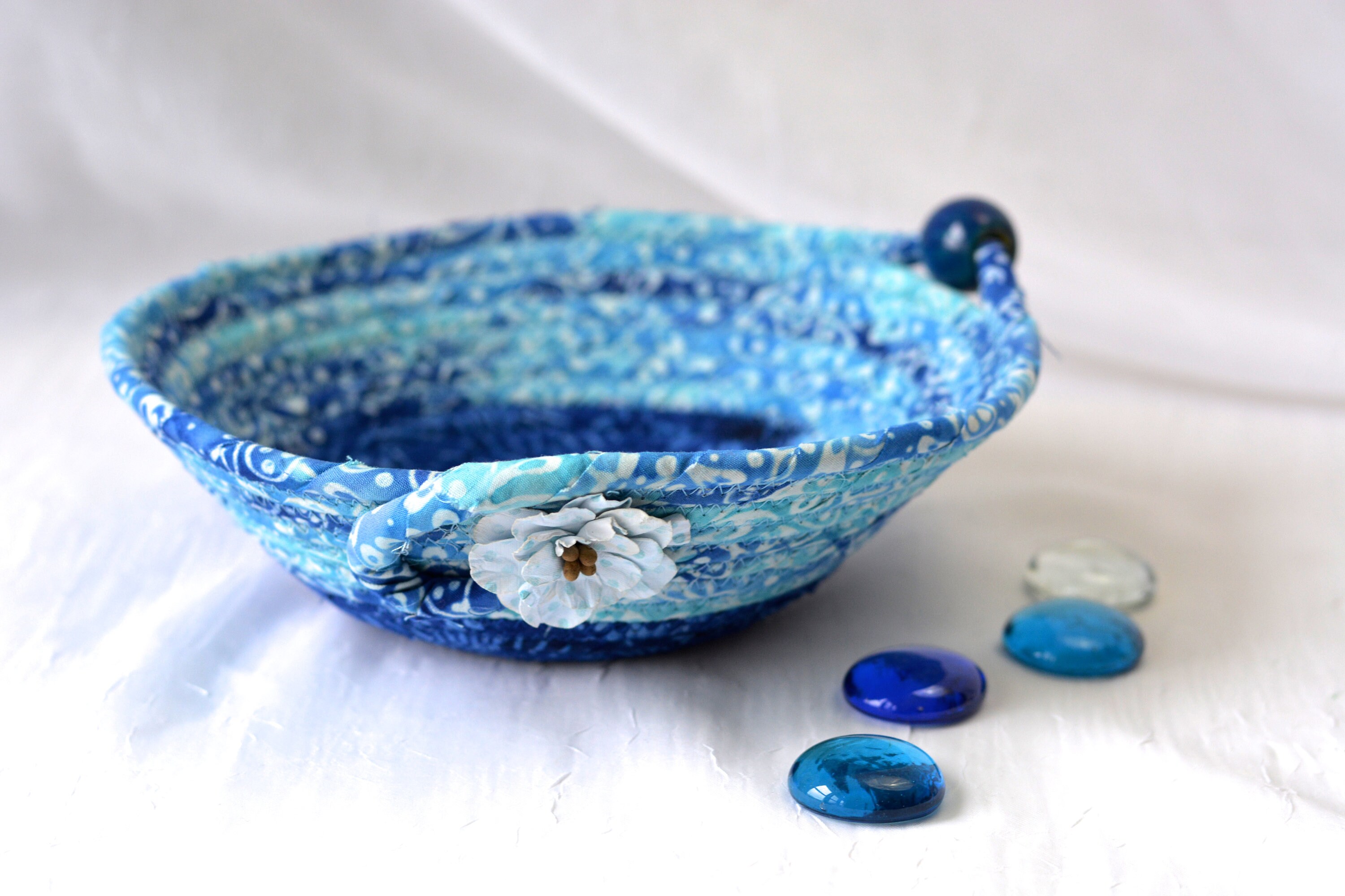 Blue Boho Basket, Handmade Blue Batik Bowl, Candy Dish, Cotton Rope ...