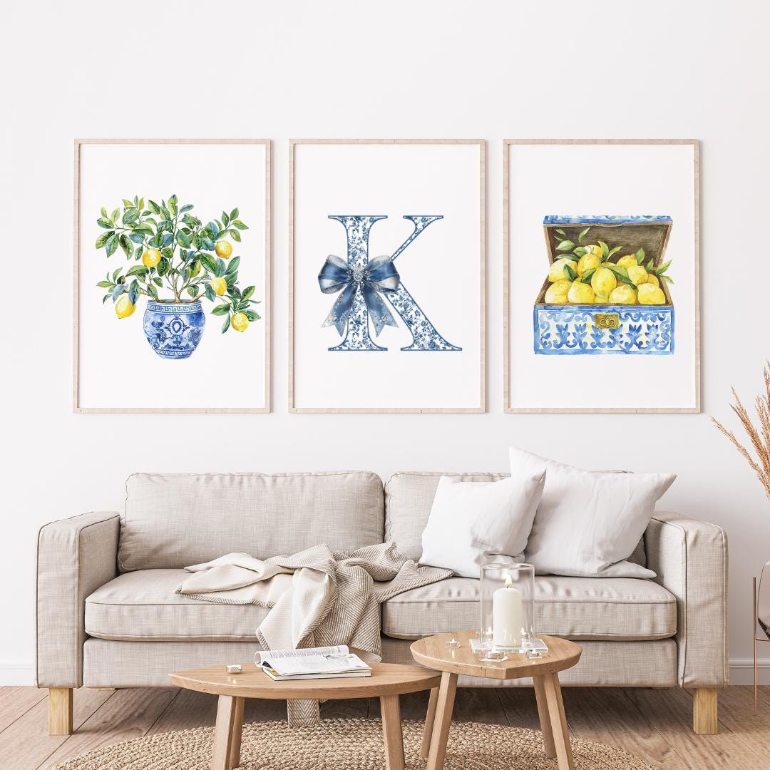 Personalized Lemon Print Set, Blue White Kitchen Decor (digital ...