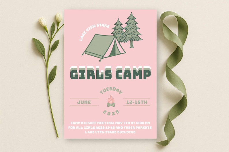 Girls Camp Invitation Template - Pink & Green Design - Instant Download ...
