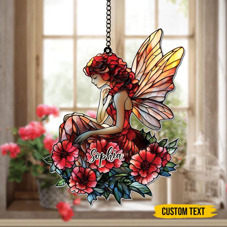 Birth Flower Fairy Suncatcher, Red Floral Acrylic Window Hanging ...