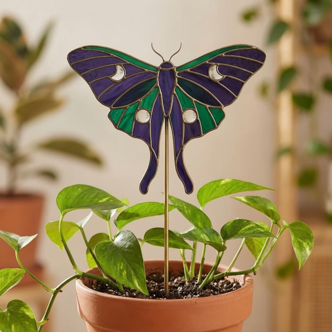 Handmade Glass Luna Moth Plant Stake, Purple Green Butterfly Garden ...