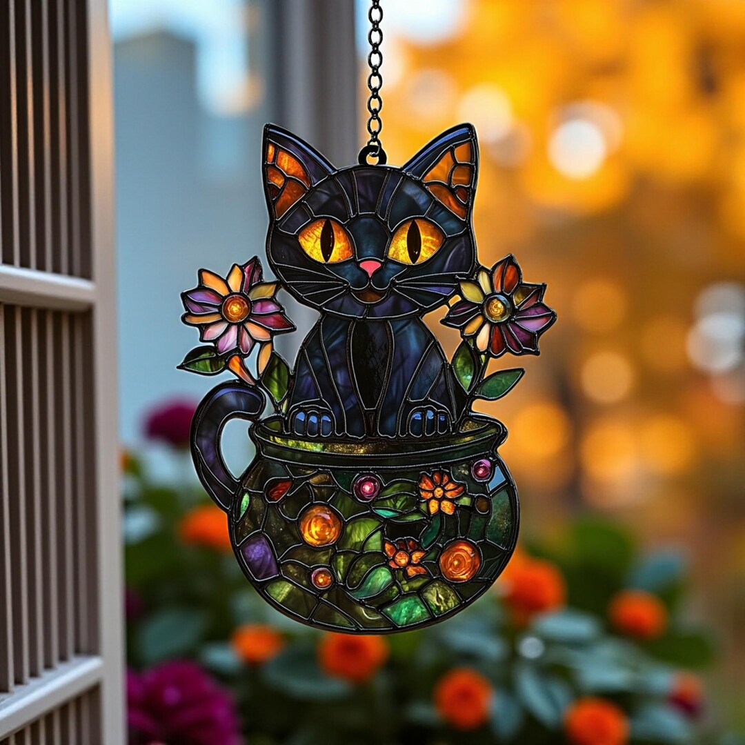 Mystic Kitty Cauldron ACRYLIC Window Charm – Black Cat With Flowers ...