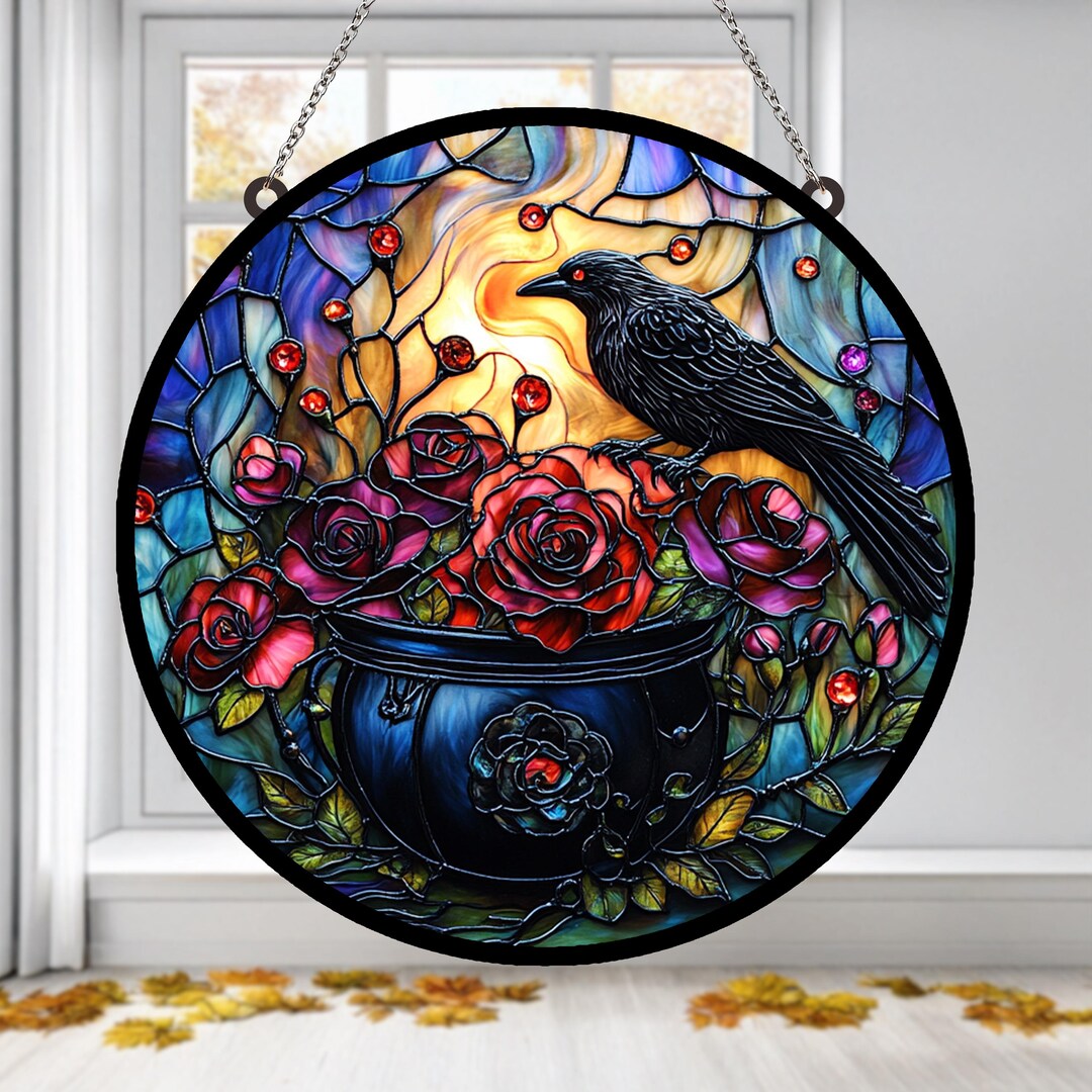 Acrylic Crow & Rose Cauldron Suncatcher | Gothic Floral Witch Window ...