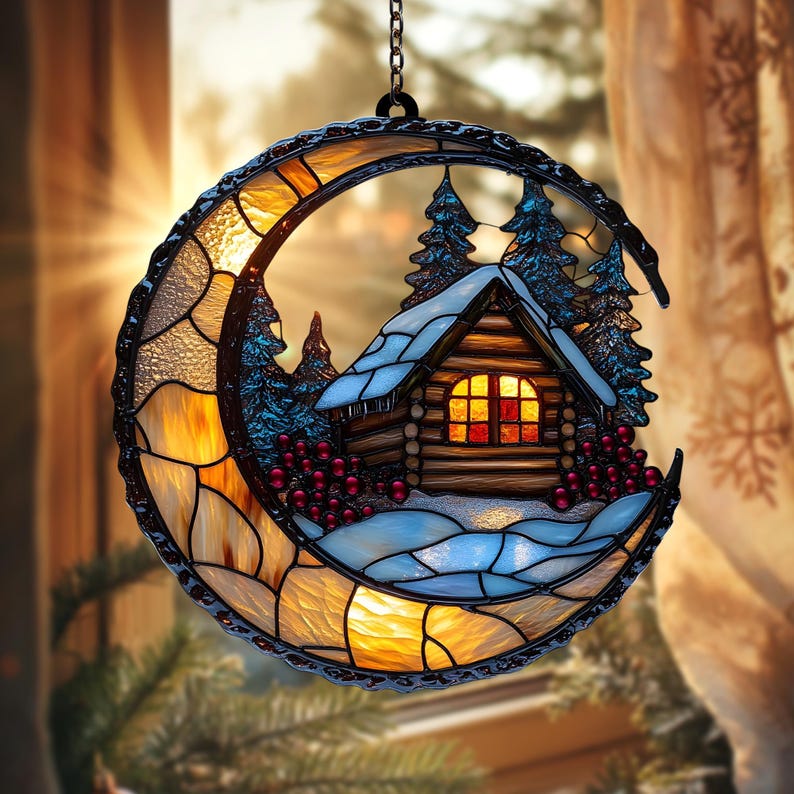 Winter Cabin Acrylic Window Suncatcher | Crescent Moon Scene With Log ...
