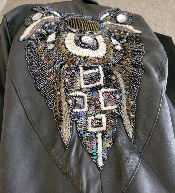Black Leather Jacket with Beads-Sequins-90's Vintage … - Gem