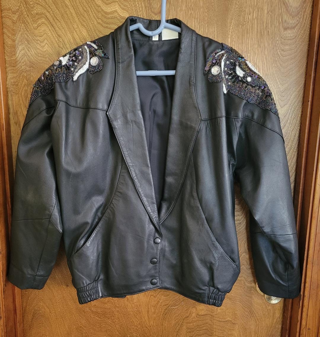 Black Leather Jacket With Beads-sequins-90's Vintage Leather Jacket ...