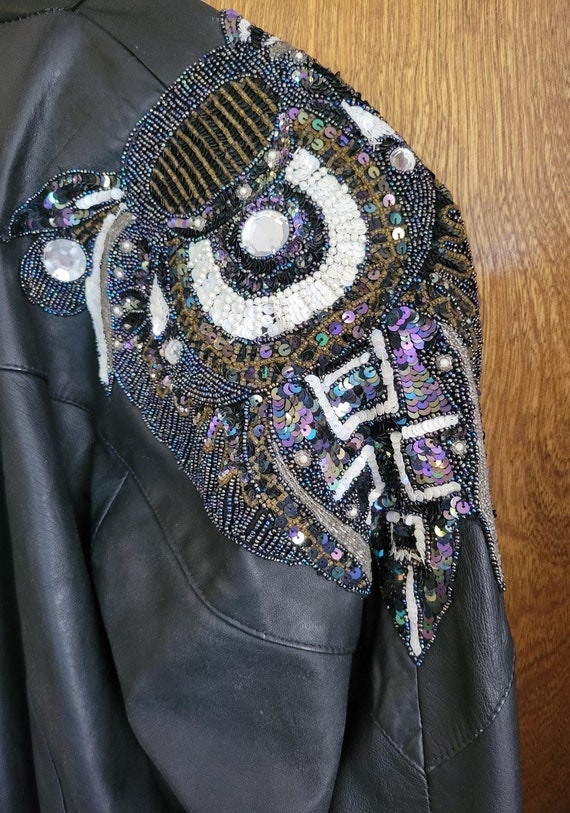 Black Leather Jacket with Beads-Sequins-90's Vintage … - Gem