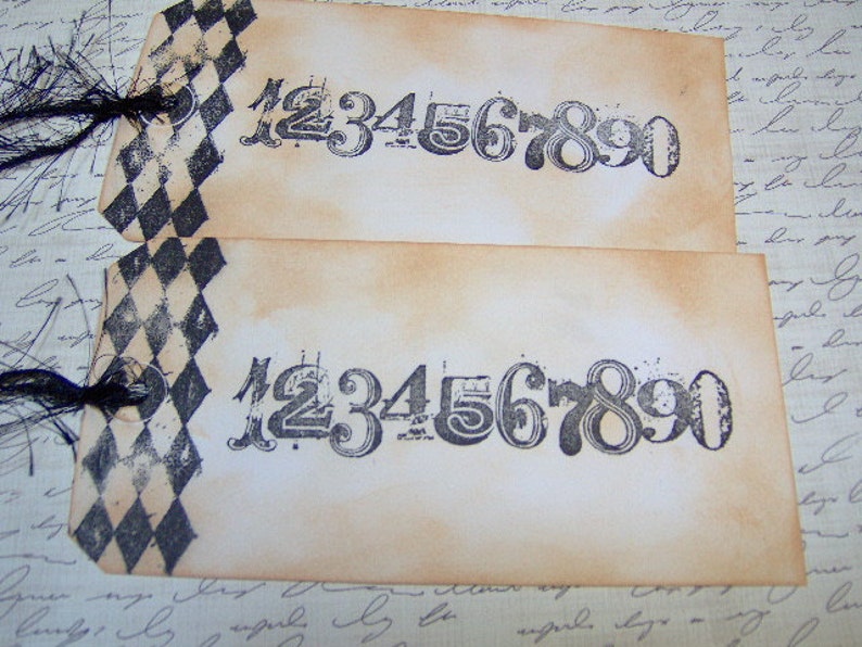 Vintage Themed Hand Stamped Numbers Gift Tags - Set of 4 Ex-large Tags ...