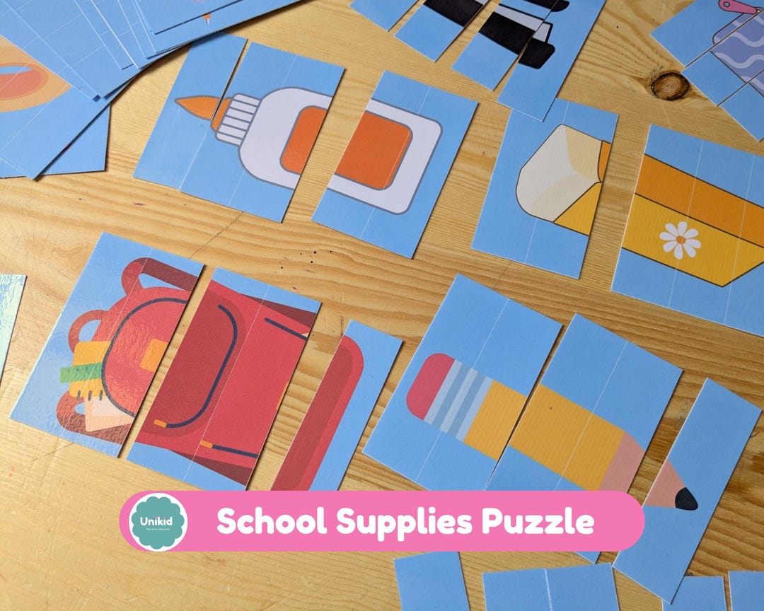 Rompecabezas de útiles escolares / Juego de aprendizaje preescolar ...