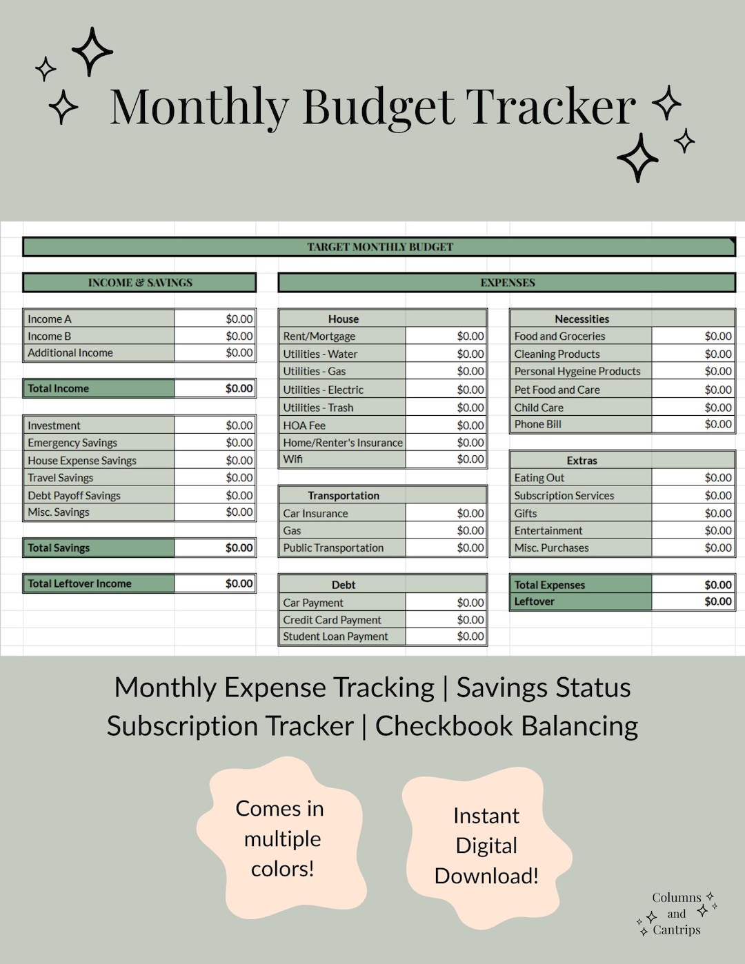 Monthly Budget Template, Accounts, Savings, and Expense Tracker - Green ...