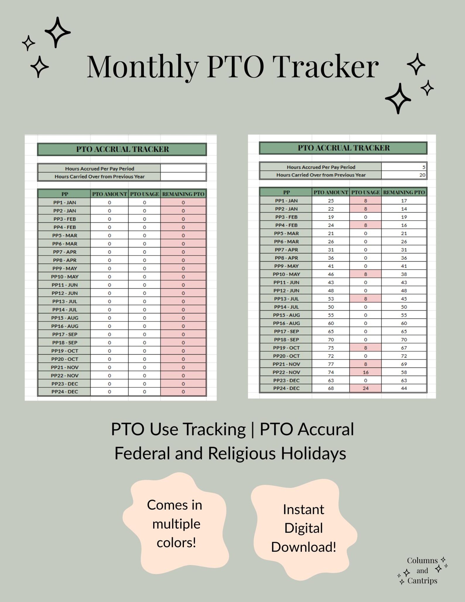 Monthly PTO Template, PTO Accrual, Balance, Usage, and Holidays - Green ...