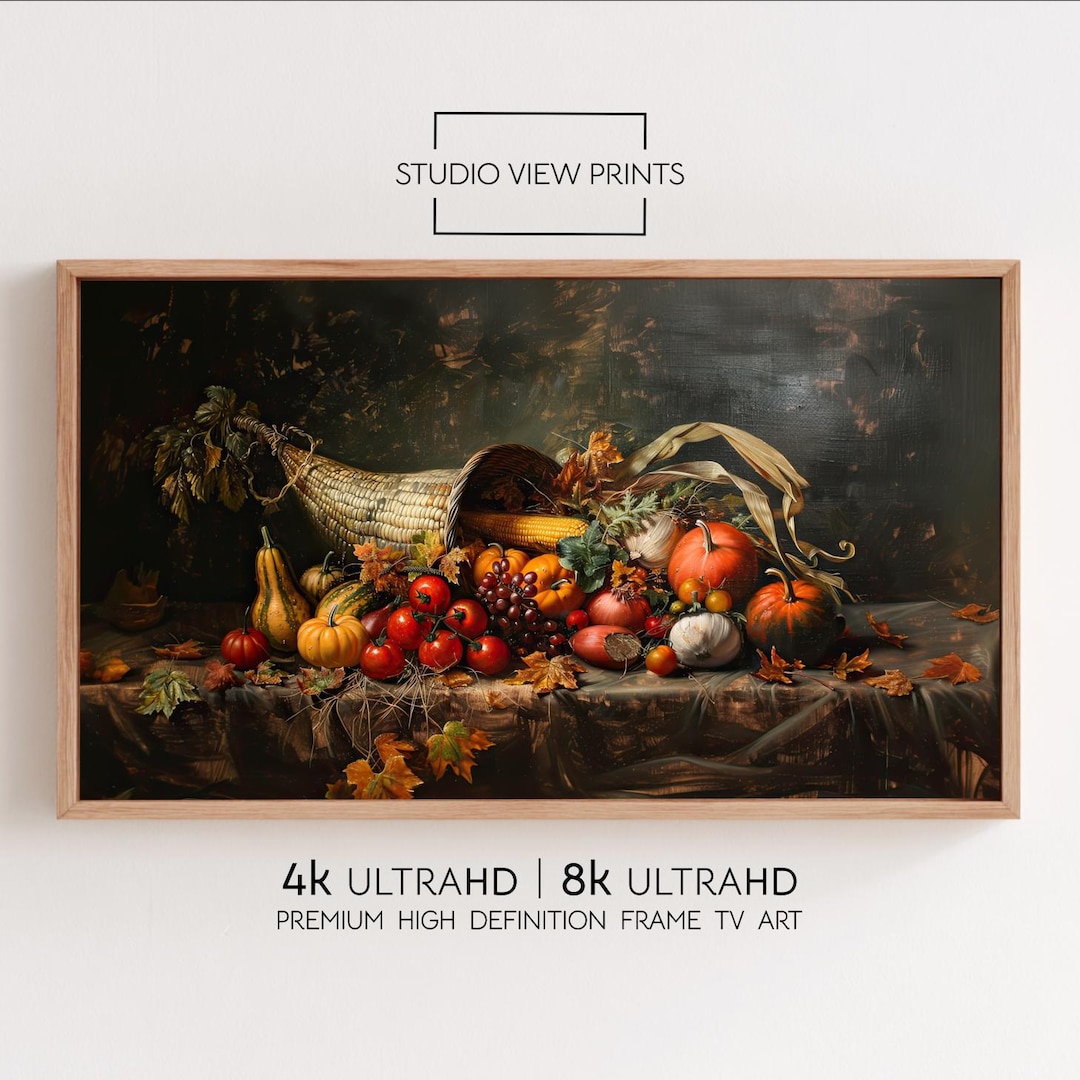 Cornucopia Fall Harvest Tv Art, Vintage Moody Fall Oil Painting ...