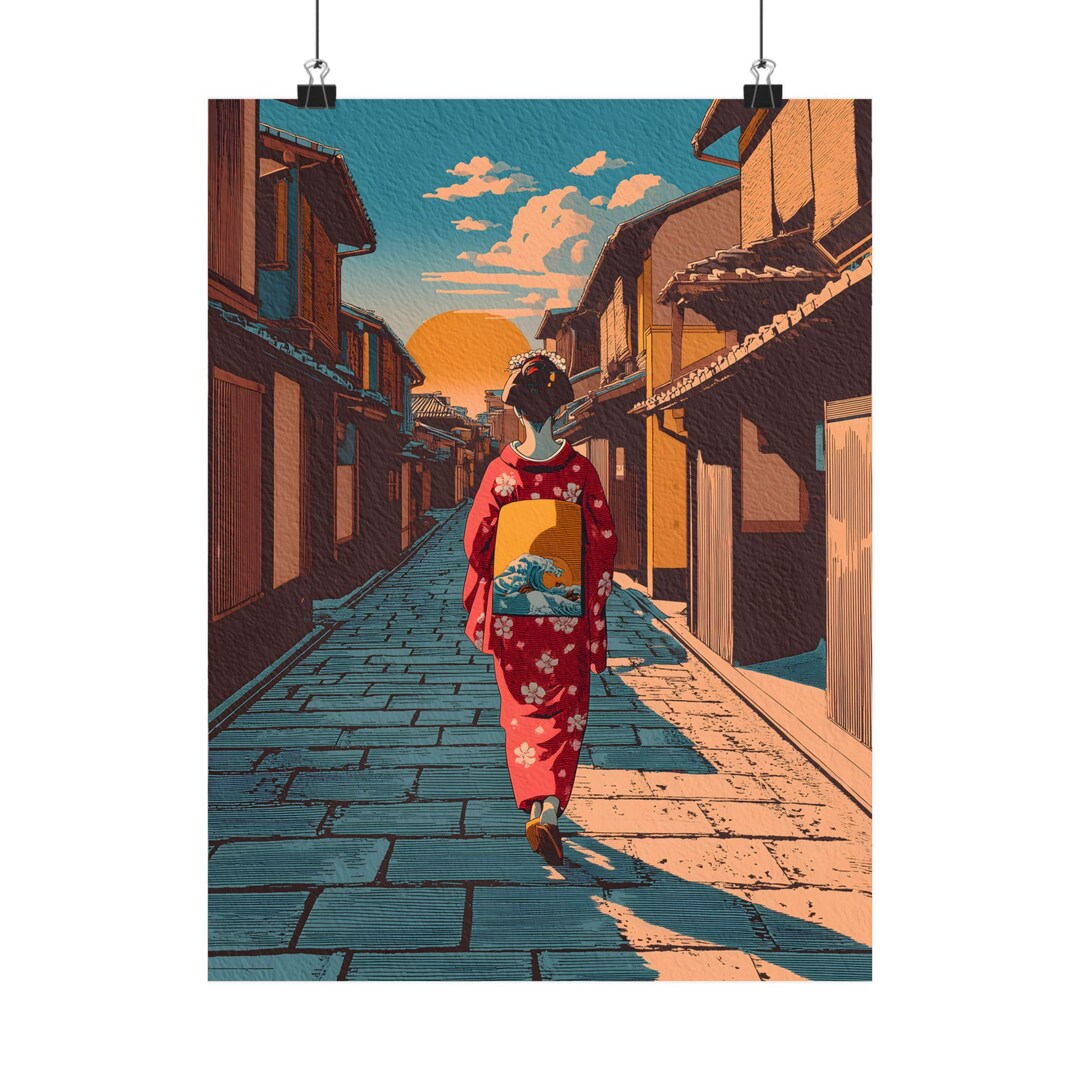 Maiko Walking Alone Kyoto Poster, Red Kimono Yellow Obi Art Print ...