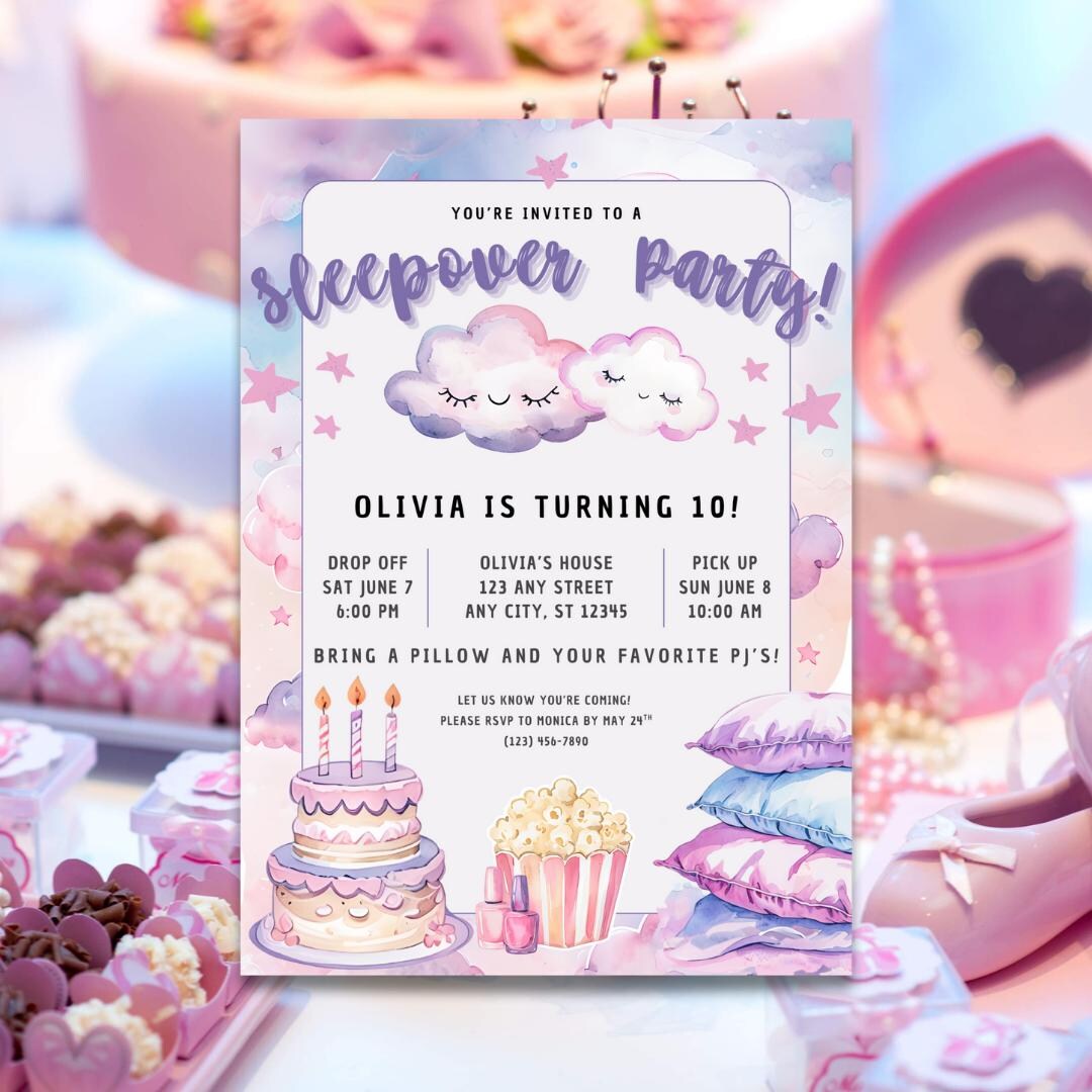 Watercolor Cloud Sleepover Invitation | Purple Pink Girl Birthday ...