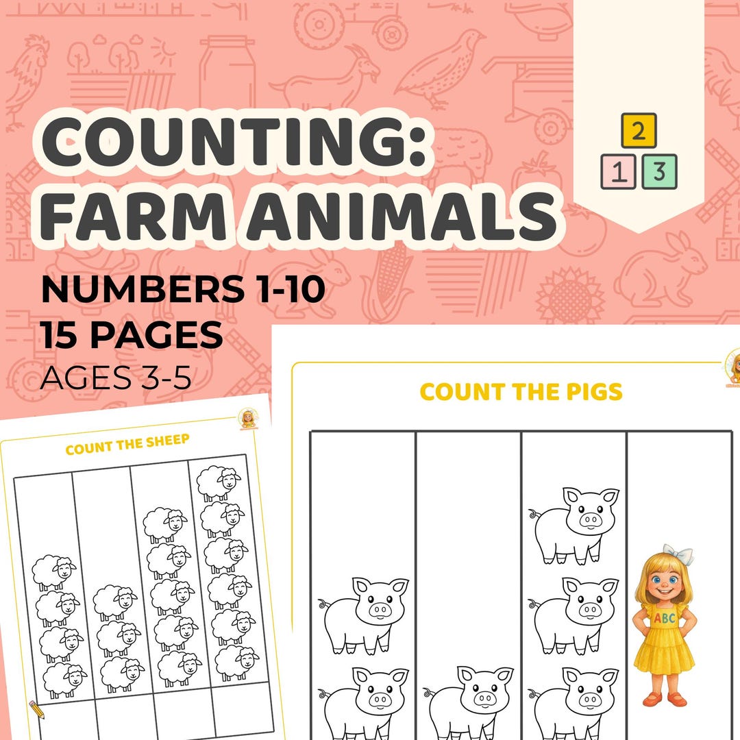 Farm Animal Counting Worksheet: Numbers 1-10, Preschool Printable (PDF ...
