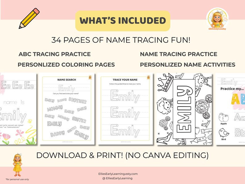 AVA - Personalized Name Tracing Worksheet Printable - Preschool ...