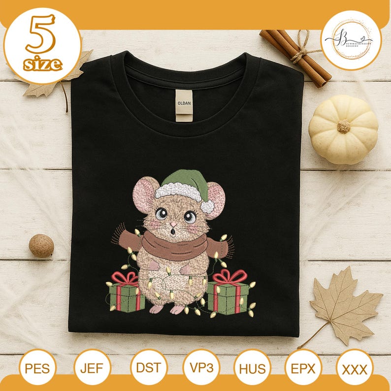 Christmas Mouse Embroidery File, Christmas Cute Mouse Embroidery Design ...