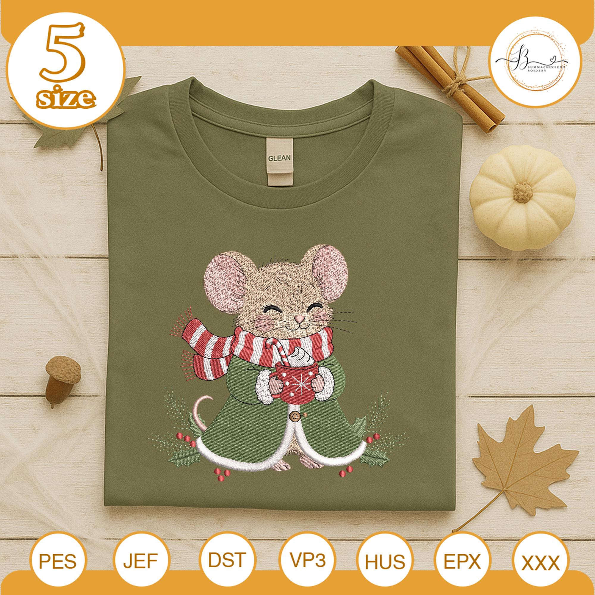 Christmas Mouse Embroidery File, Christmas Cute Mouse Embroidery Design ...