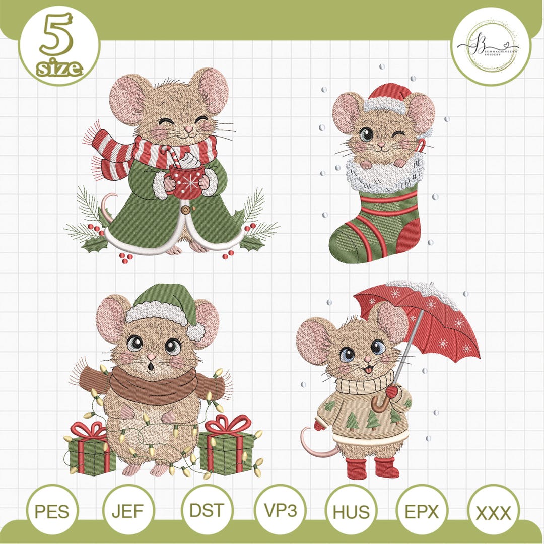 Christmas Mouse Embroidery File, Christmas Cute Mouse Embroidery Design ...