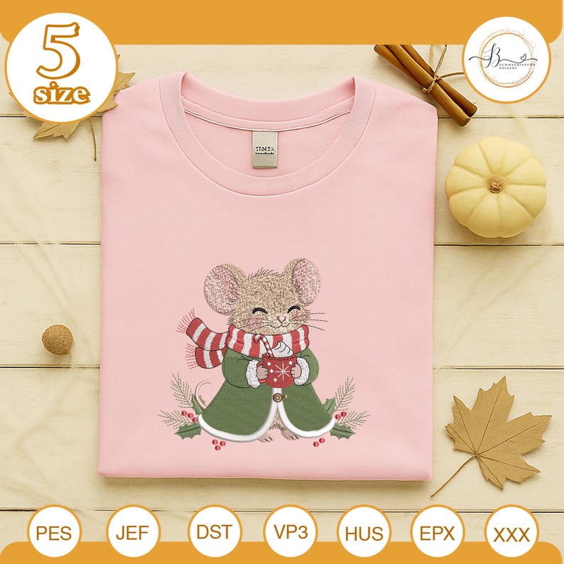Christmas Mouse Embroidery File, Christmas Cute Mouse Embroidery Design ...