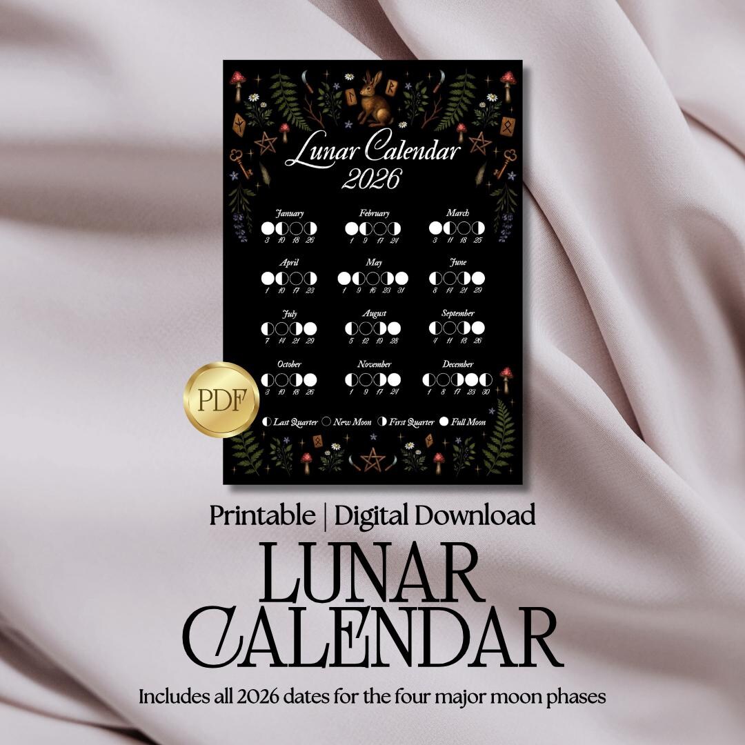 Witchy Lunar Calendar 2026 | Whimsical & Botanical Printable Moon ...