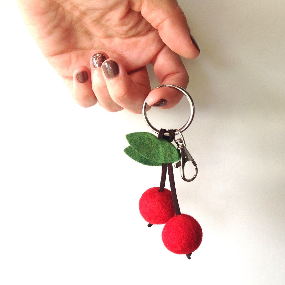 Felt Cherry Keychain: Handmade Felted Charm With Leather Stem, Gift ...