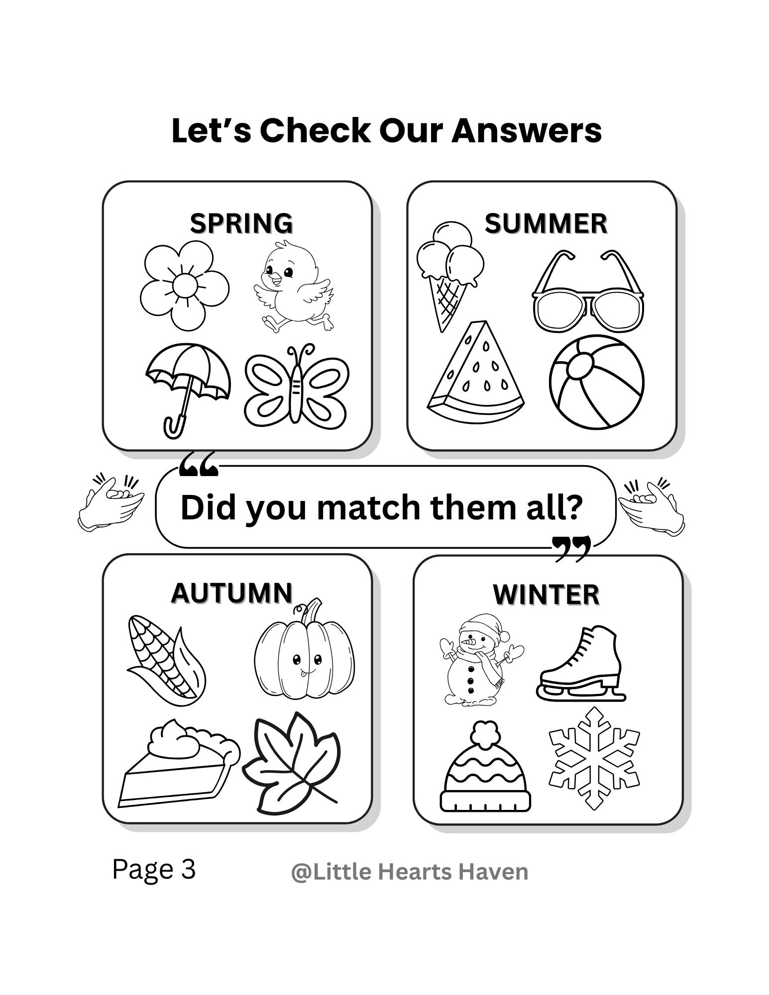 Four Seasons Matching Game & Coloring Sheet: Preschool Learning (PDF ...