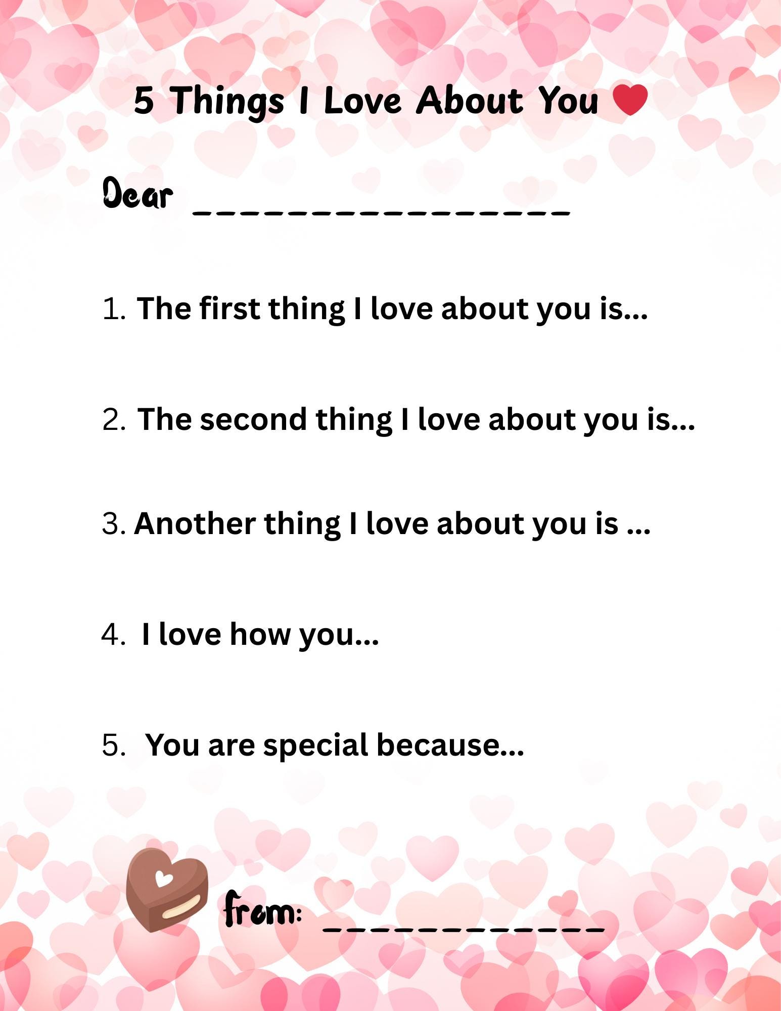 5 Things I Love About You Printable Valentine | Fill-in Greeting Card ...