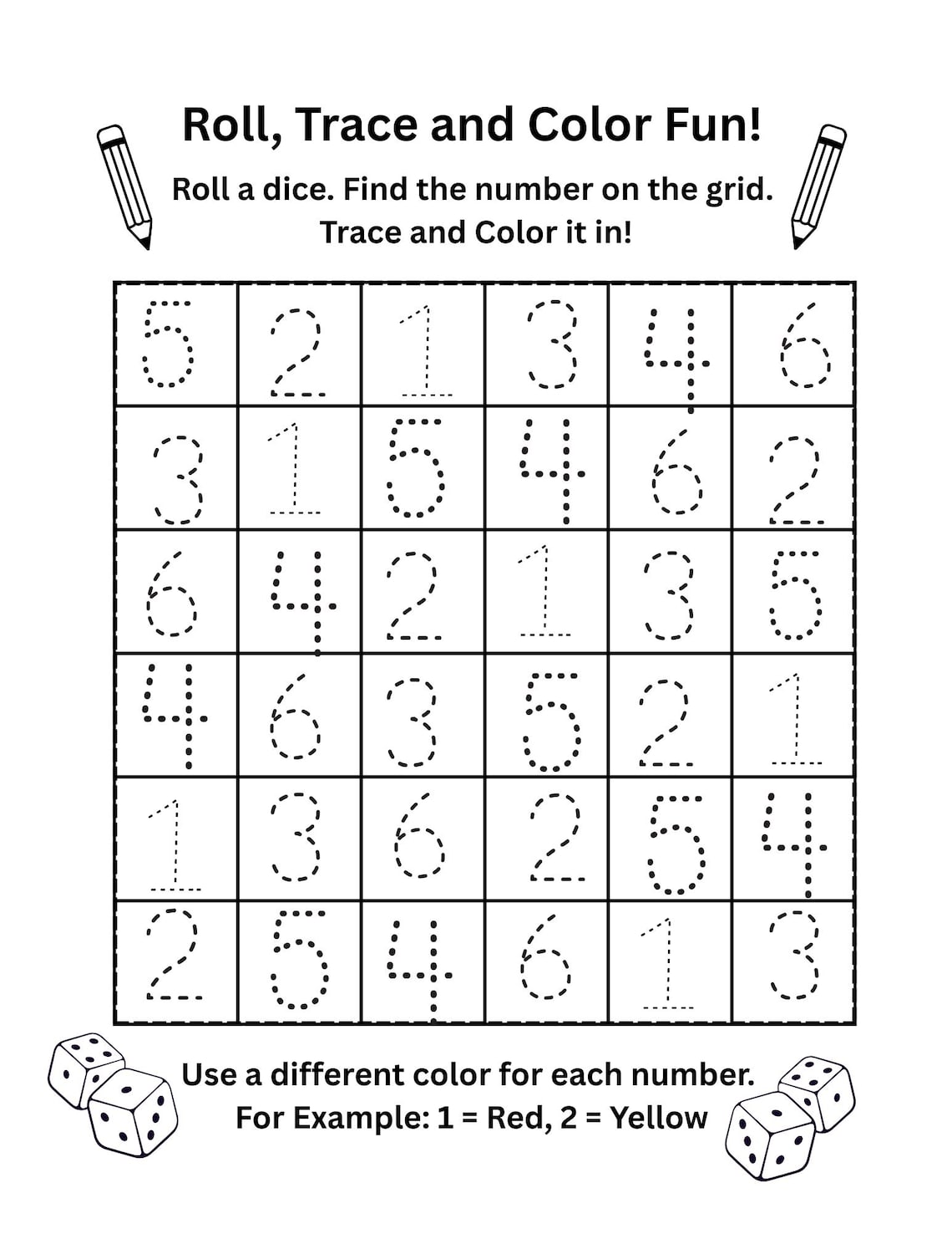 Roll, Trace & Color Numbers Game | Printable Dice Activity for Kids ...