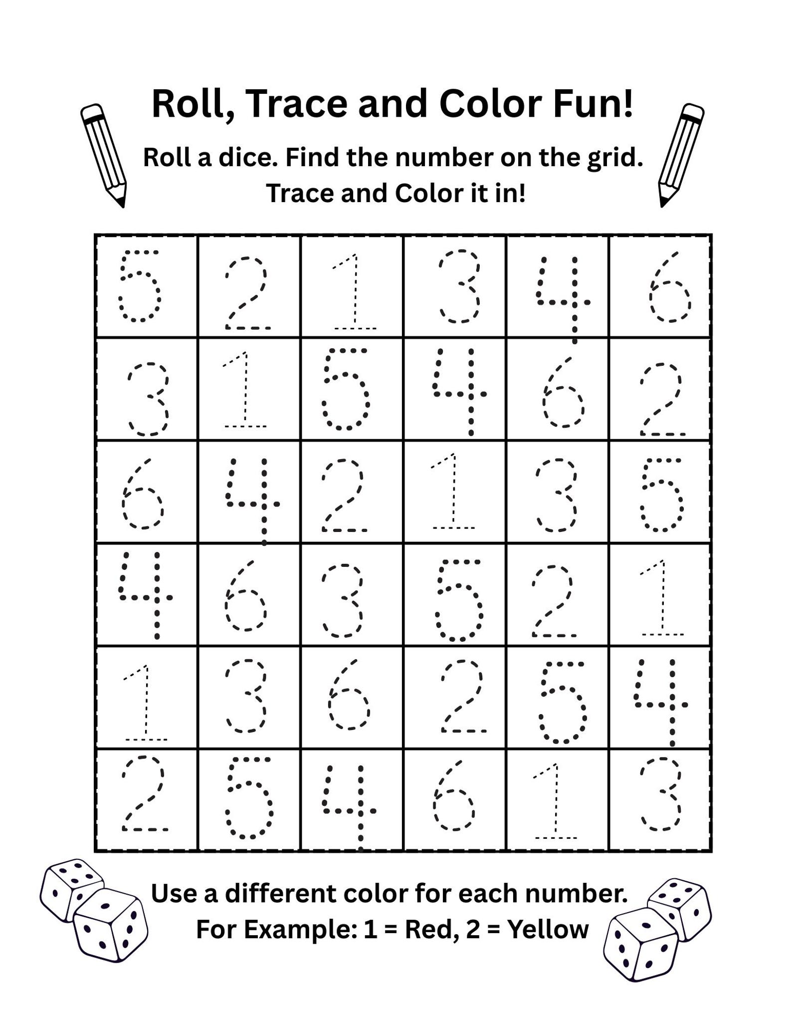 Roll, Trace & Color Numbers Game | Printable Dice Activity for Kids ...
