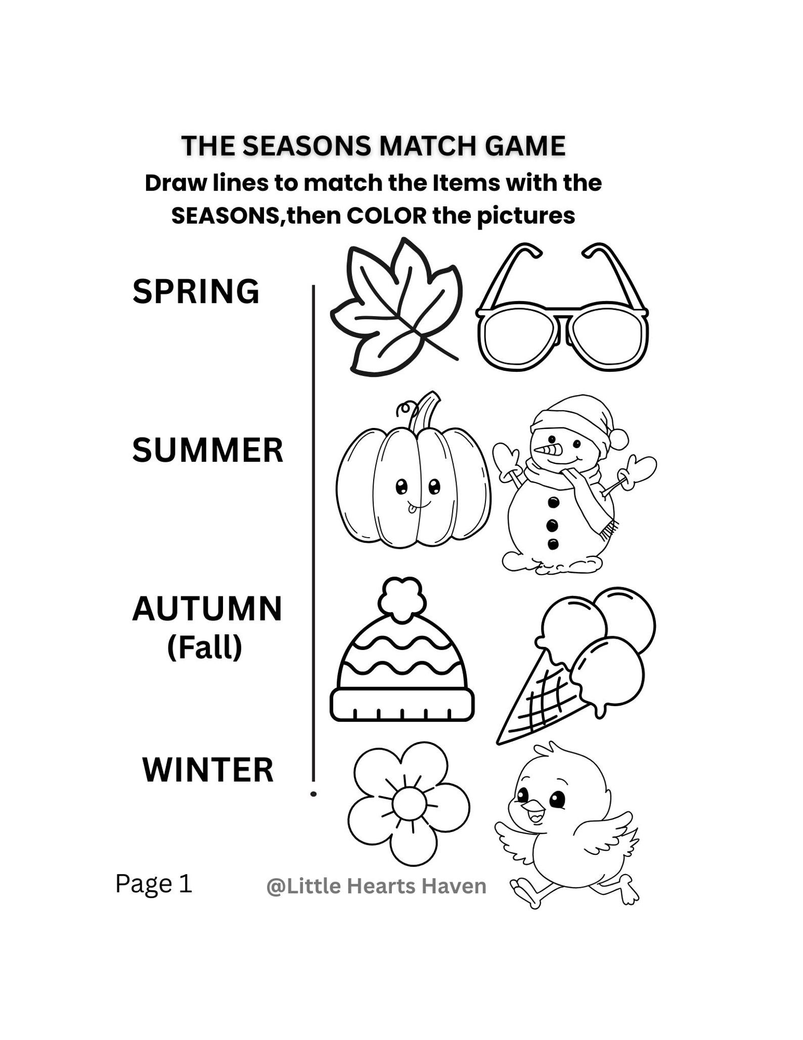 Four Seasons Matching Game & Coloring Sheet: Preschool Learning (PDF ...
