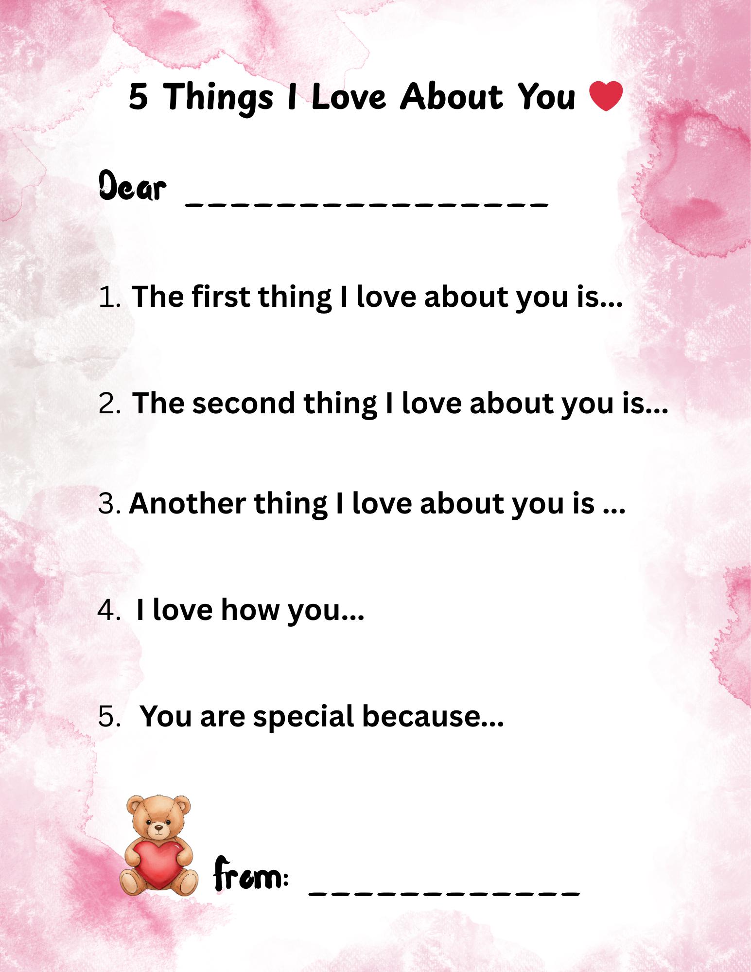 5 Things I Love About You Printable Valentine | Fill-in Greeting Card ...