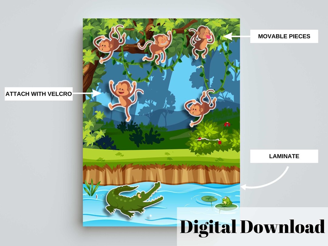 5 Little Monkeys Printable, Preschool Counting Activity (digital ...