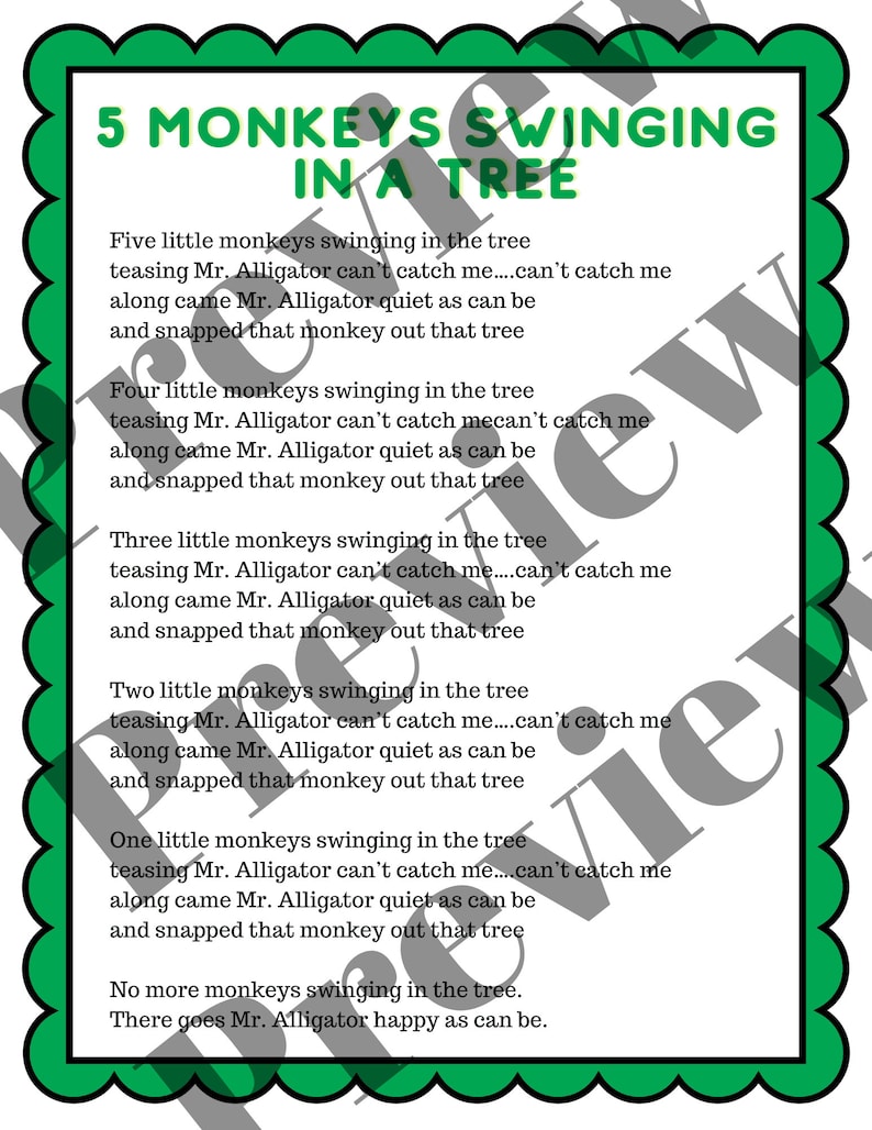 5 Little Monkeys Printable, Preschool Counting Activity (digital ...