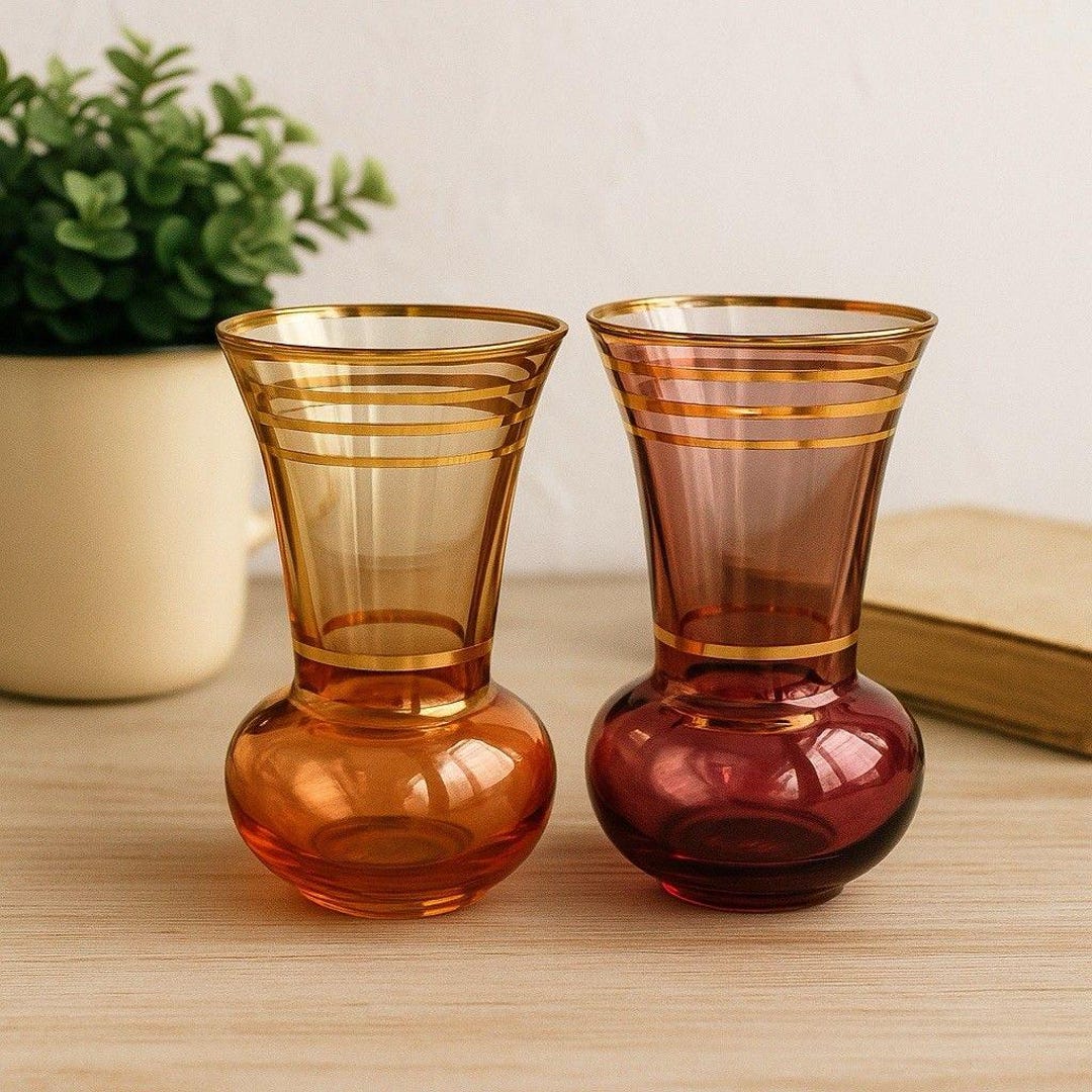 Pair of Vintage Aperitif Luster Glass Vases Amber & Cranberry With Gold ...
